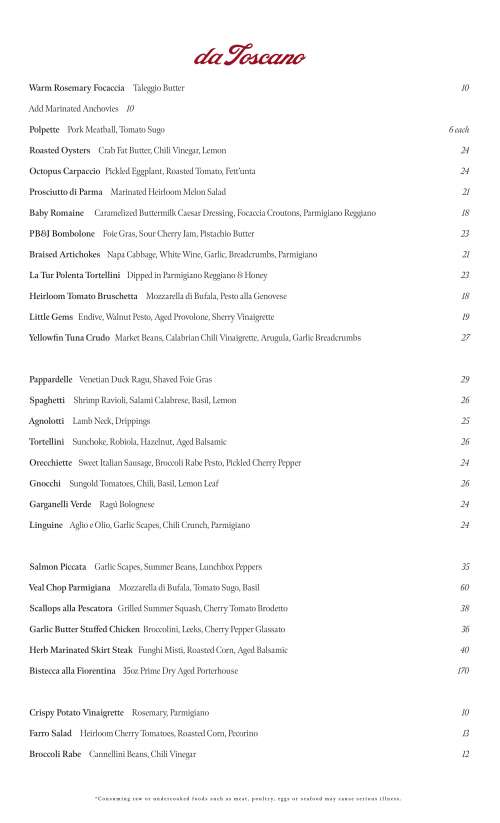 Da Toscano menu in New York, New York, USA