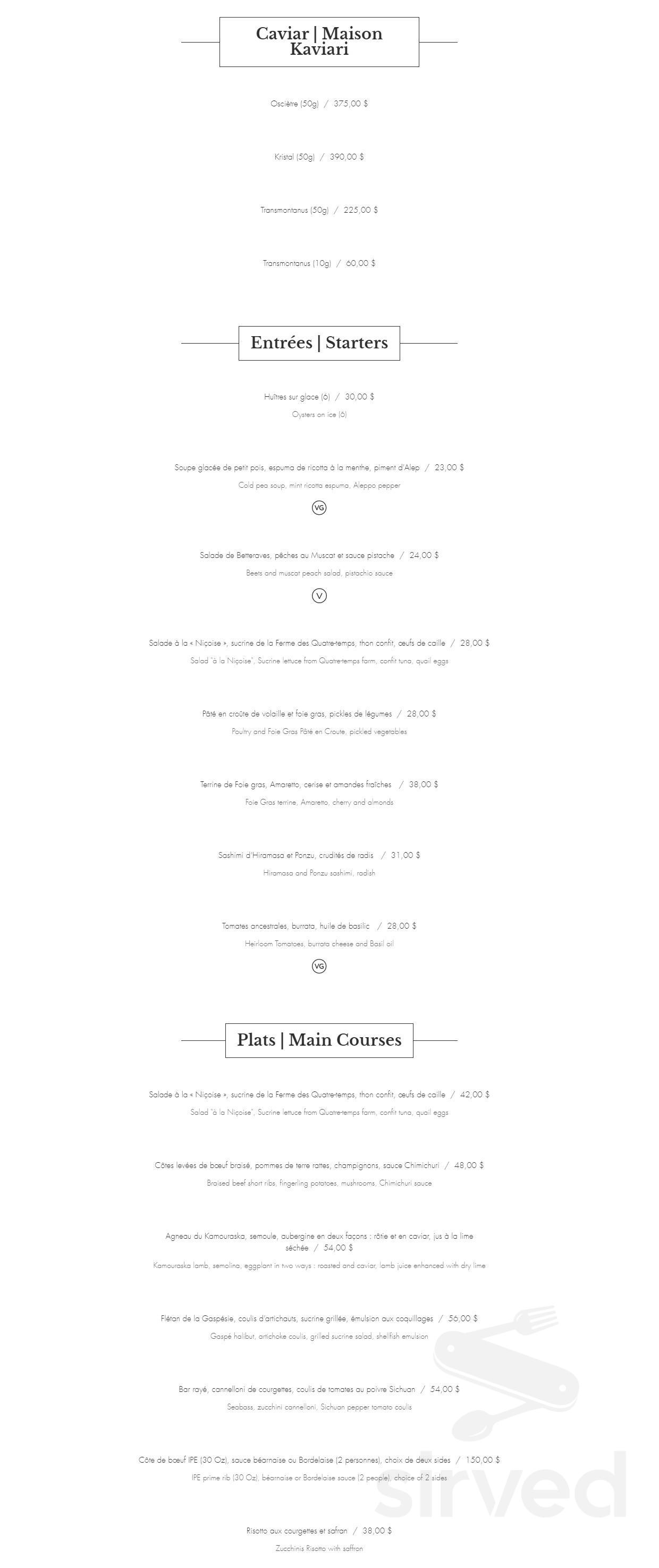 Menu - Montréal QC's Maison Boulud | Sirved