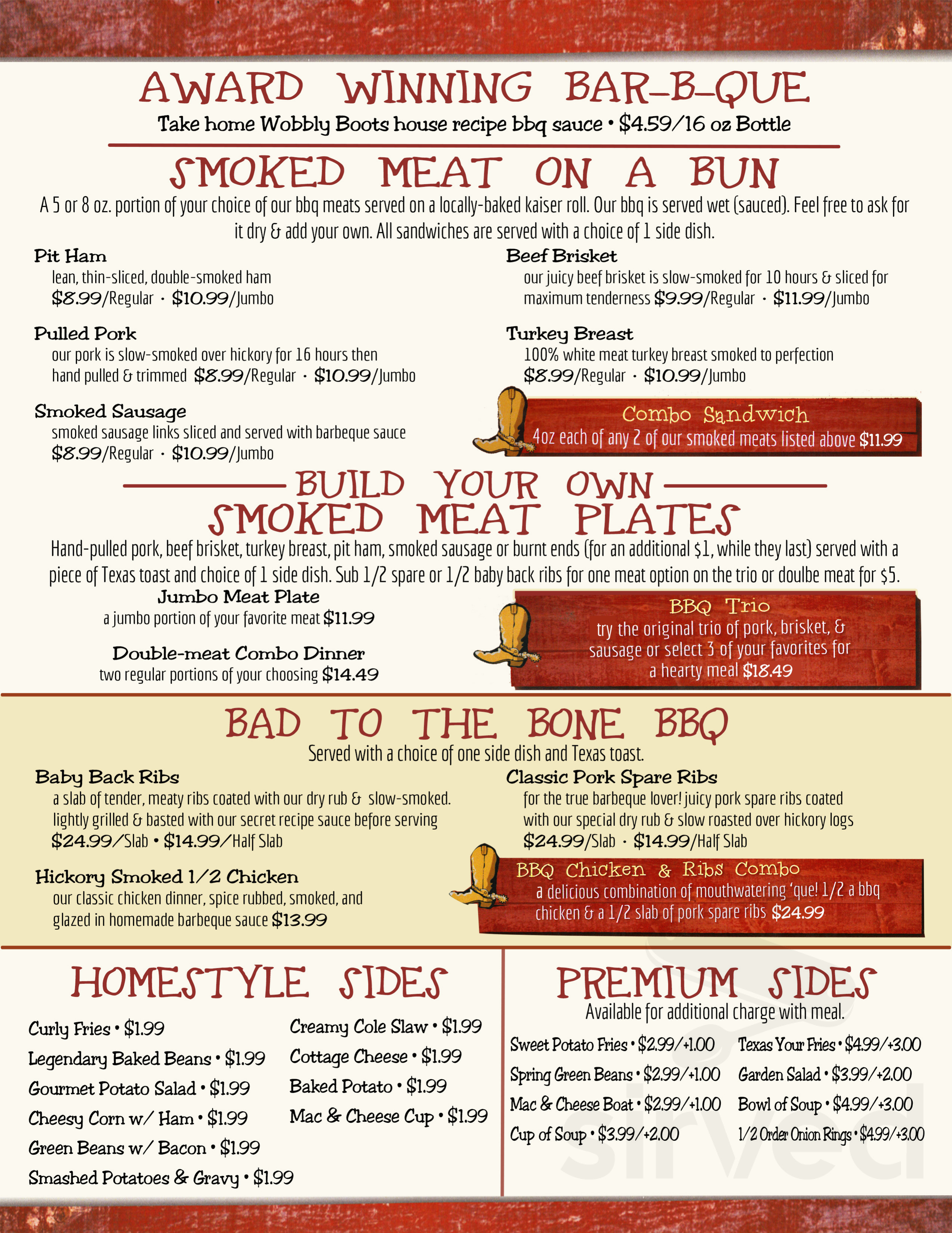 Wobbly Boots Roadhouse menu in Osage Beach, Missouri, USA
