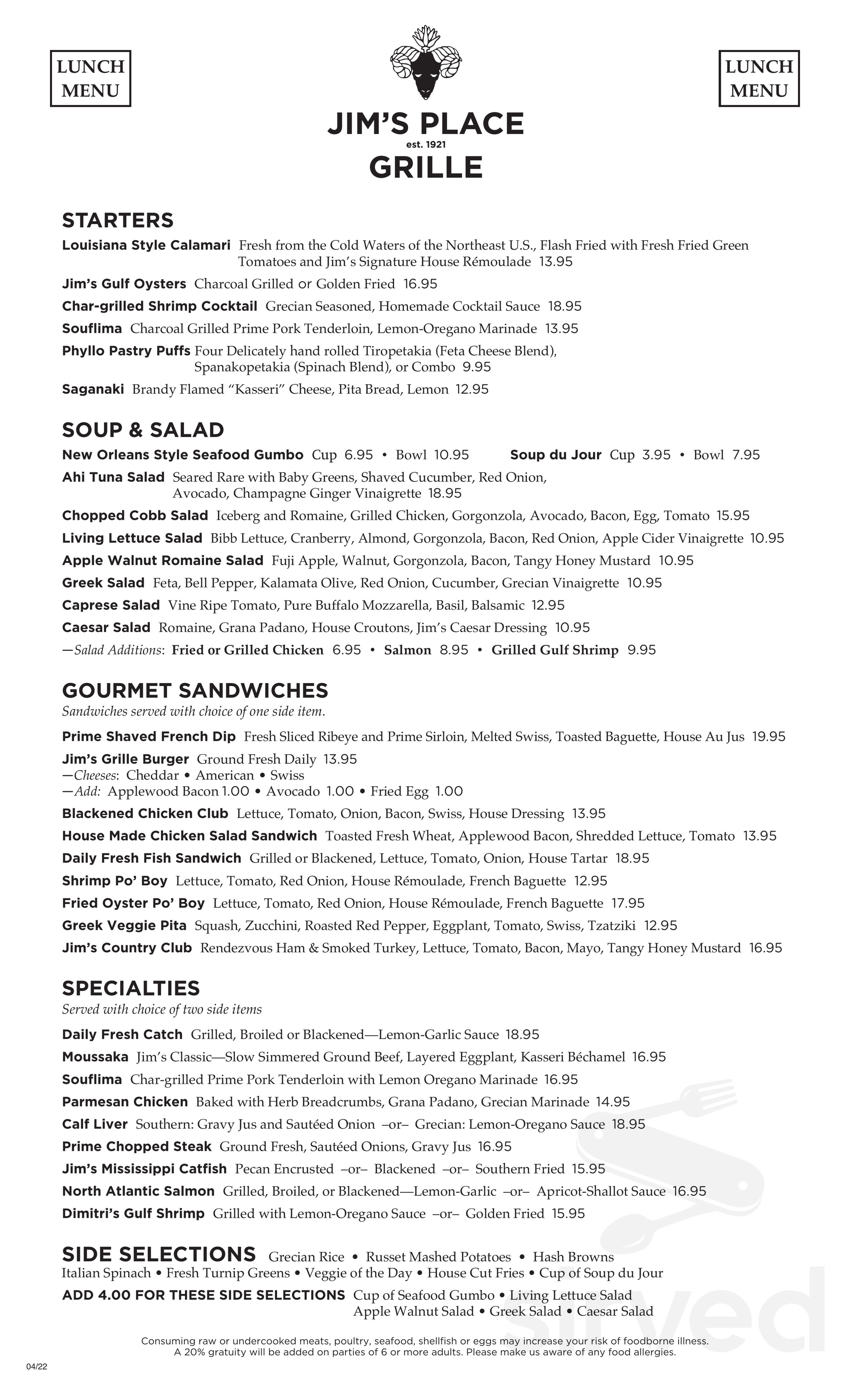 Jim's Place Grille menu in Collierville, Tennessee, USA