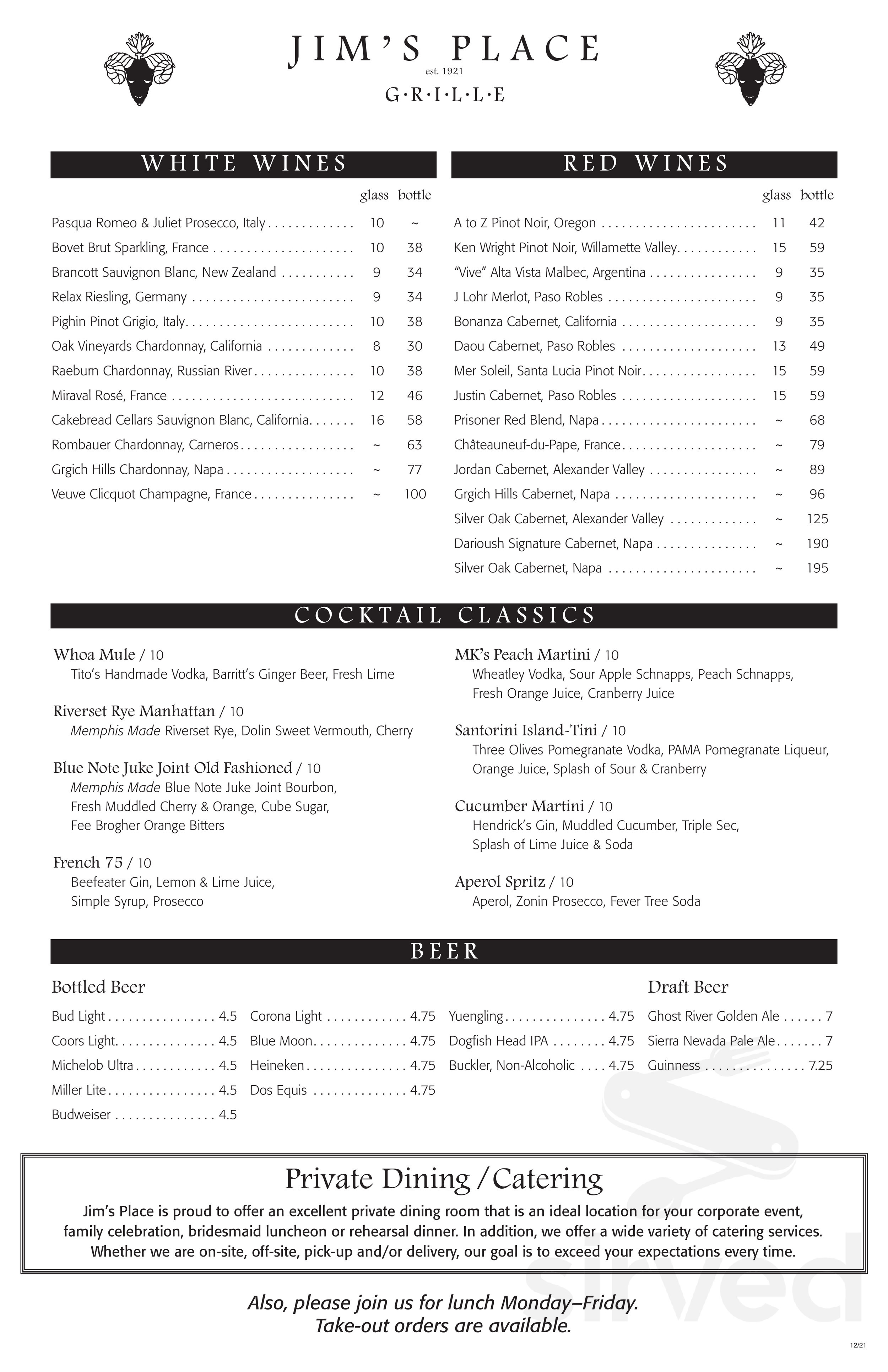 Jim's Place Grille menu in Collierville, Tennessee, USA