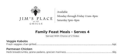 Menu for Jim's Place Grille in Collierville, TN | Sirved