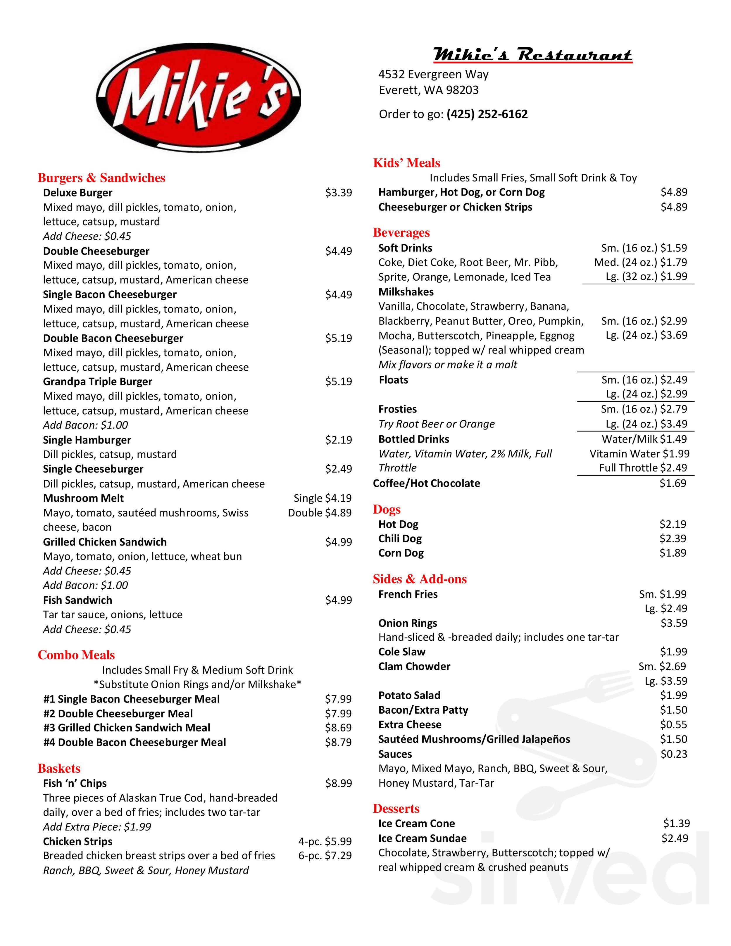 Menu for Mikie's in Everett, WA | Sirved