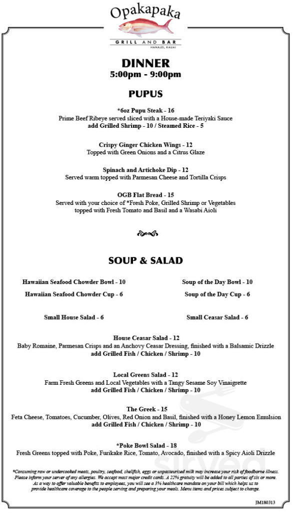 Opakapaka Grill and Bar menus in Hanalei, Hawaii, United States