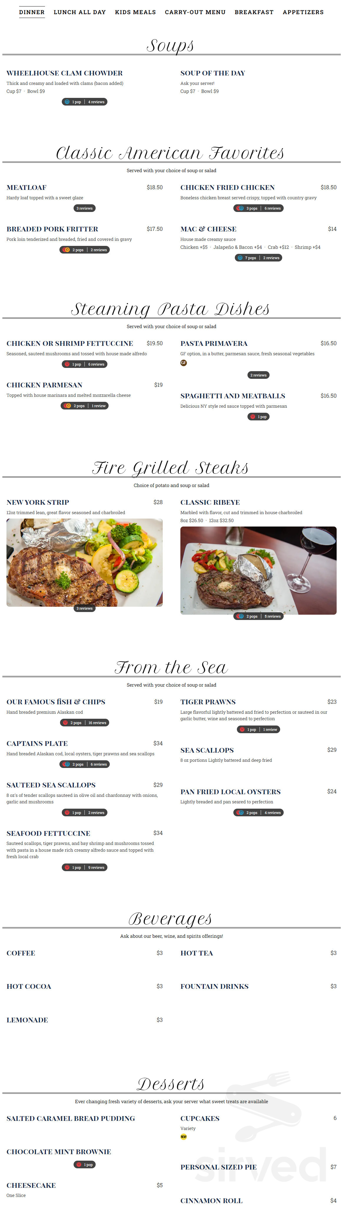 Wheelhouse Restaurant menu in Grayland, Washington, USA