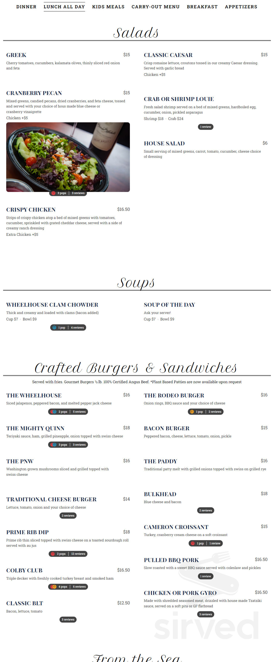 Wheelhouse Restaurant menu in Grayland, Washington, USA