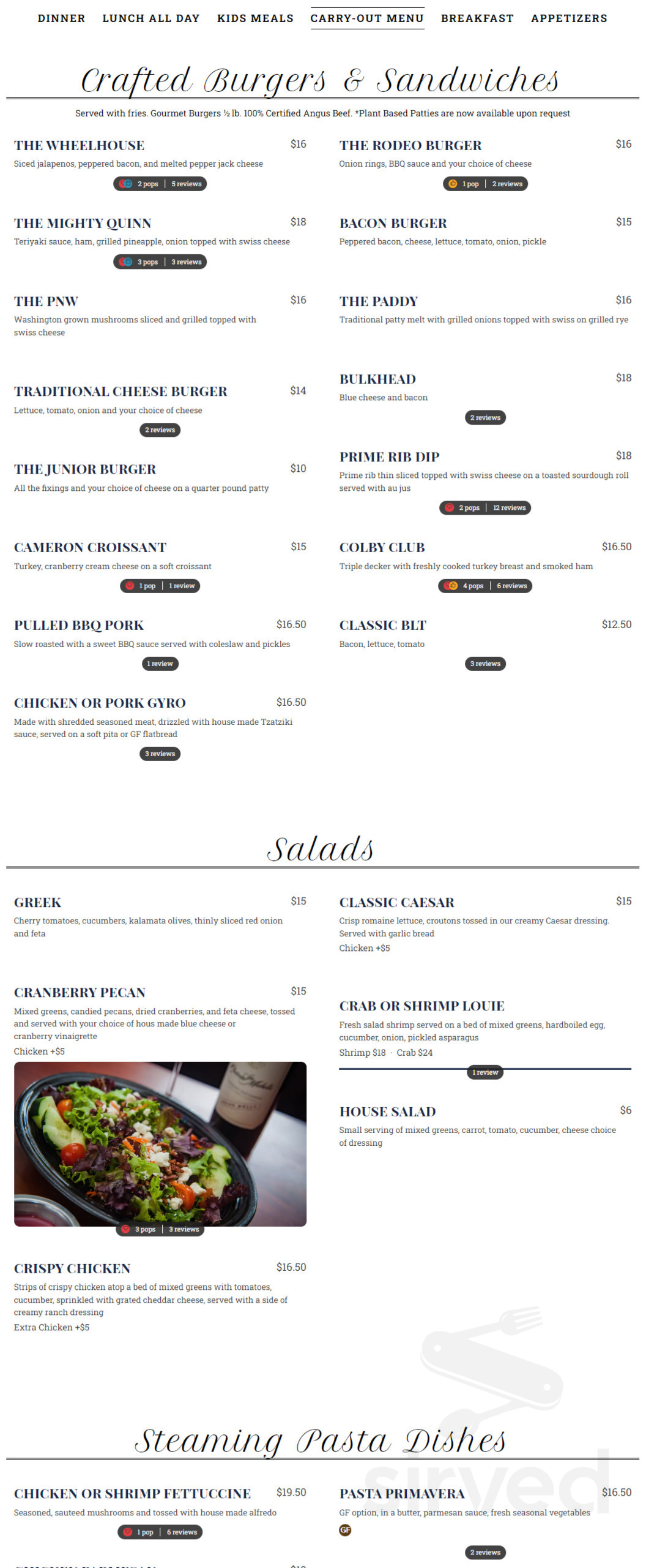 Wheelhouse Restaurant menu in Grayland, Washington, USA