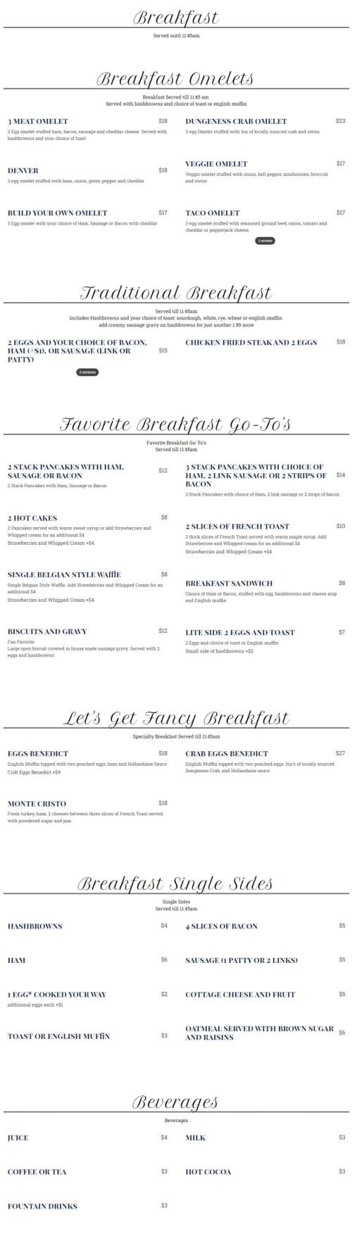 Wheelhouse Restaurant menu in Grayland, Washington, USA