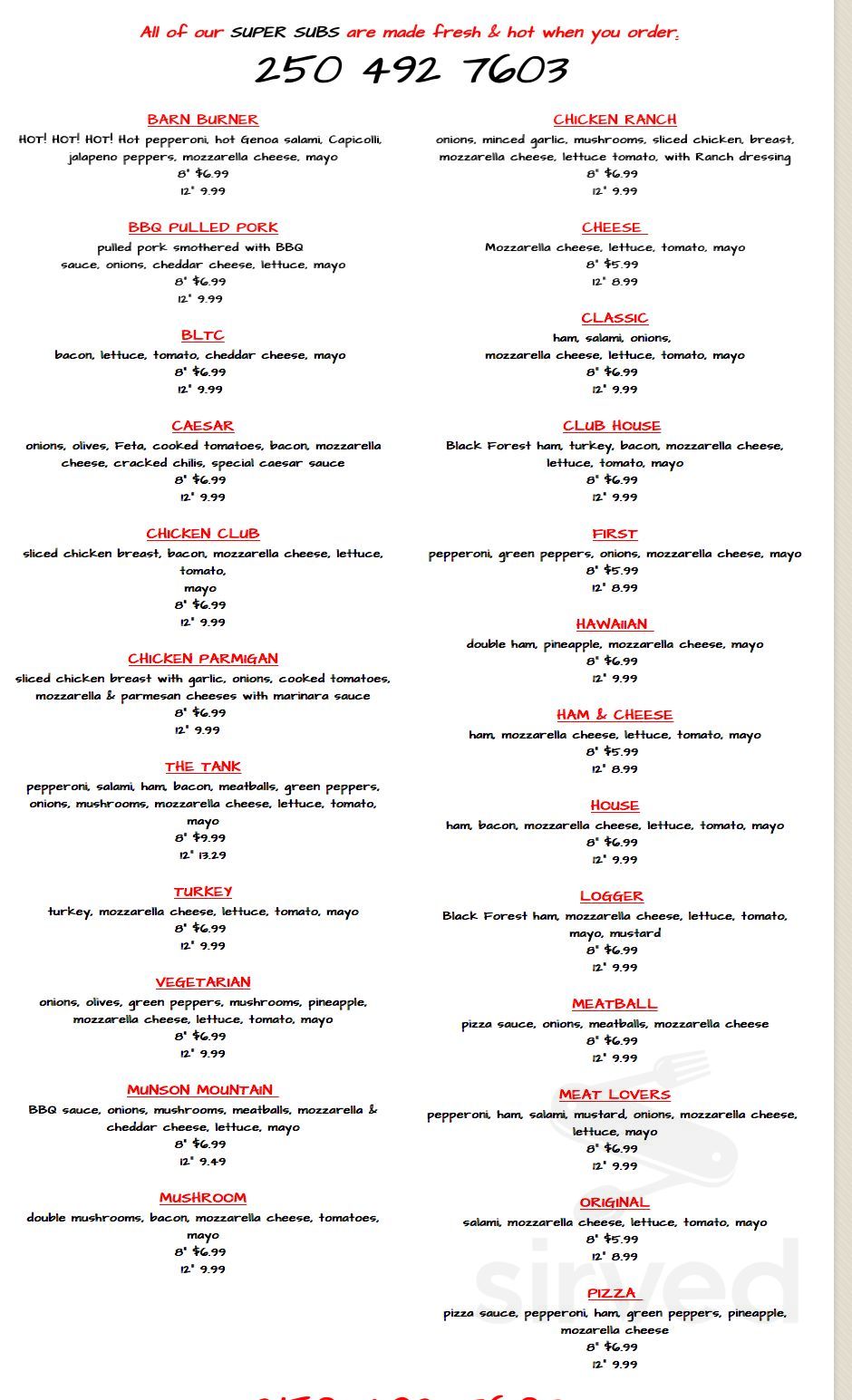 Penticton Pizza menu in Penticton, British Columbia, Canada