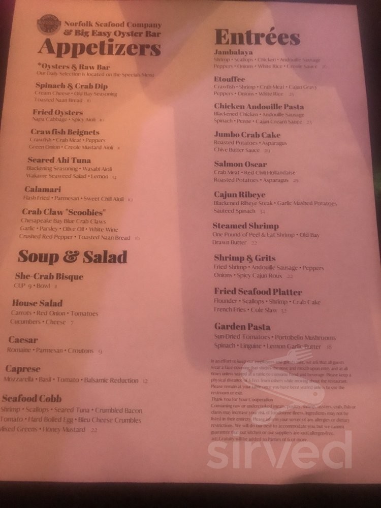 Norfolk Seafood Company & Big Easy Oyster Bar menu in Norfolk, Virginia ...