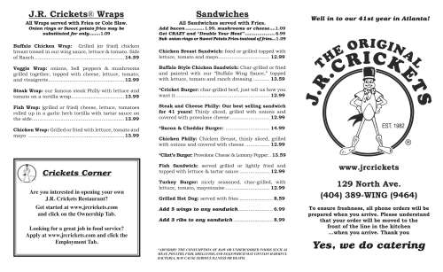 J.R. Crickets menu in Lithonia, Georgia, USA