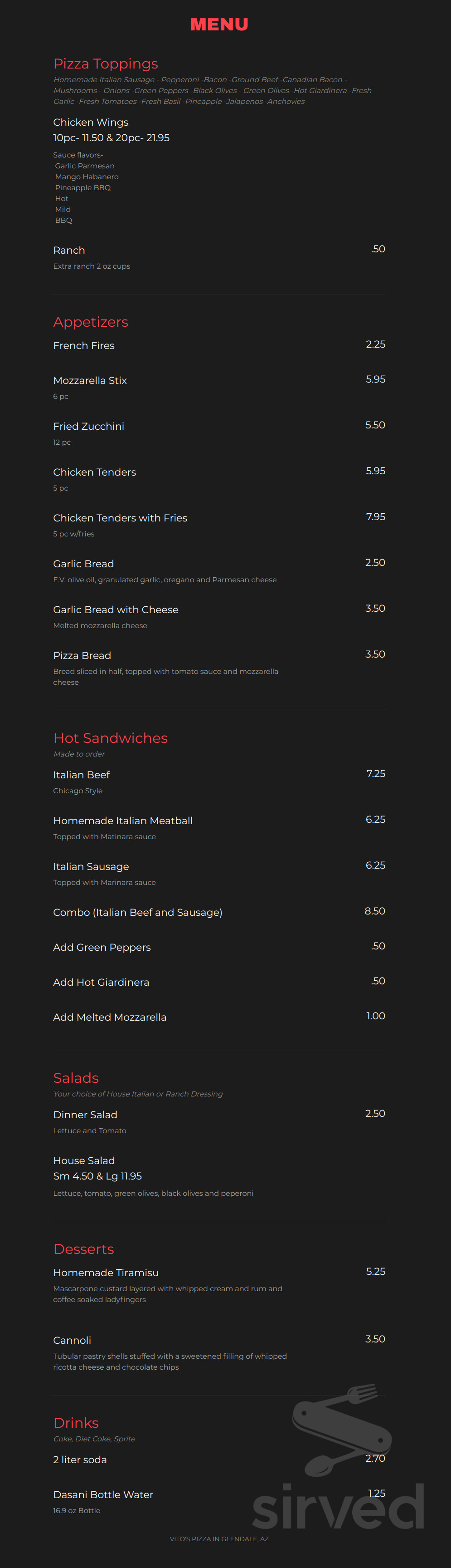 Menu for Vito's Pizza in Glendale, AZ | Sirved