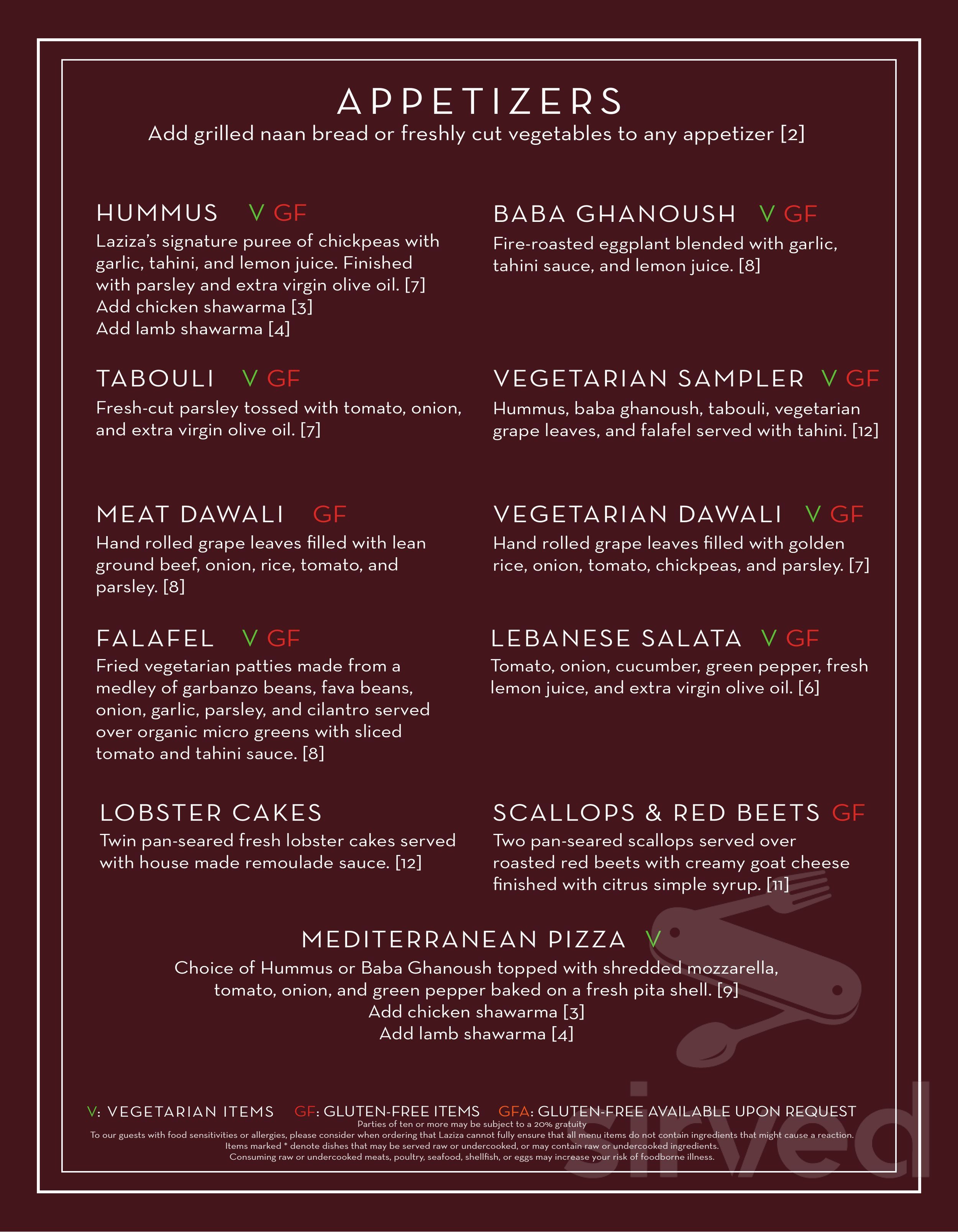 Laziza menu in Kent, Ohio, USA