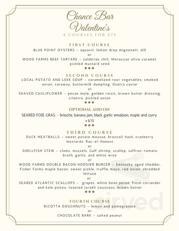 Chance Bar menu in Fort Wayne, Indiana, USA