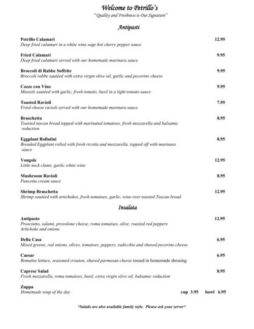 Petrillo's Italian Kitchen menu in Peabody, Massachusetts, USA