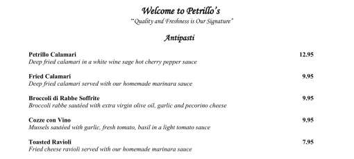 Menu for Petrillo's Italian Kitchen in Peabody, MA | Sirved