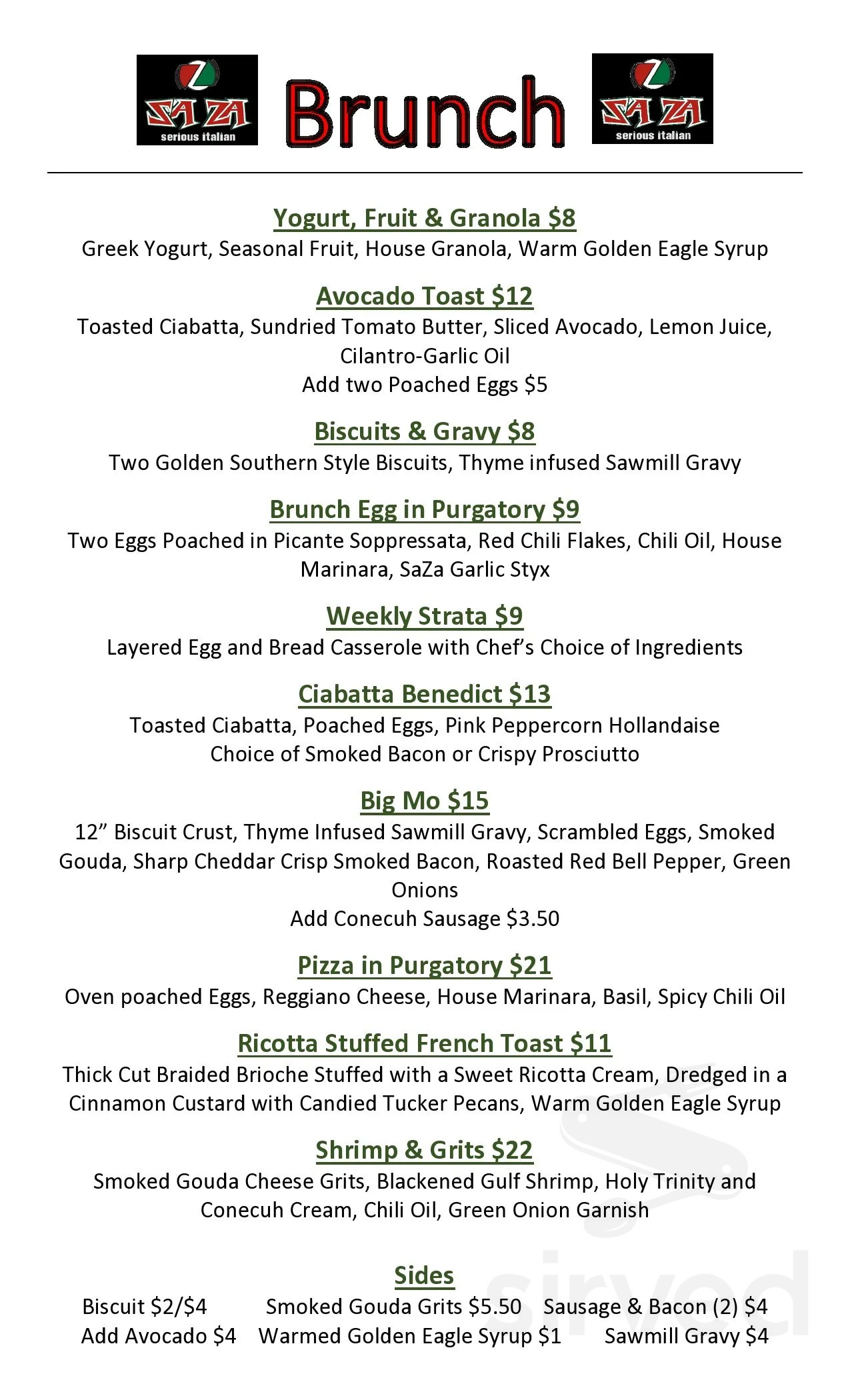 SaZa Serious Italian Food menu in Montgomery, Alabama, USA