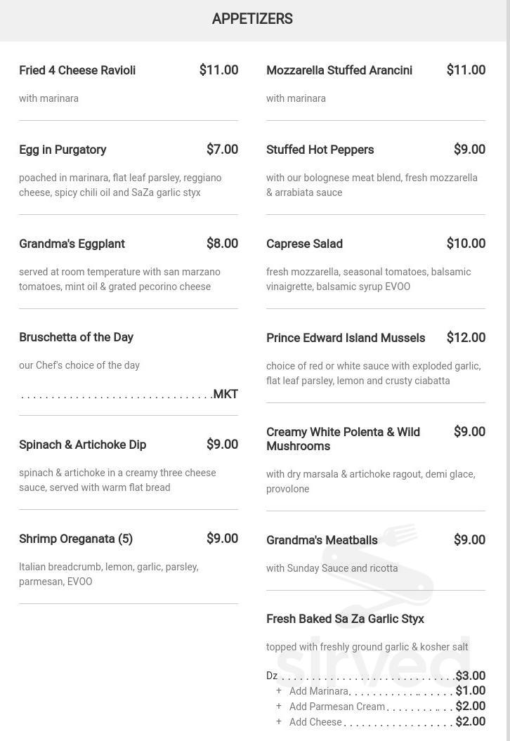 SaZa Serious Italian Food menu in Montgomery, Alabama, USA