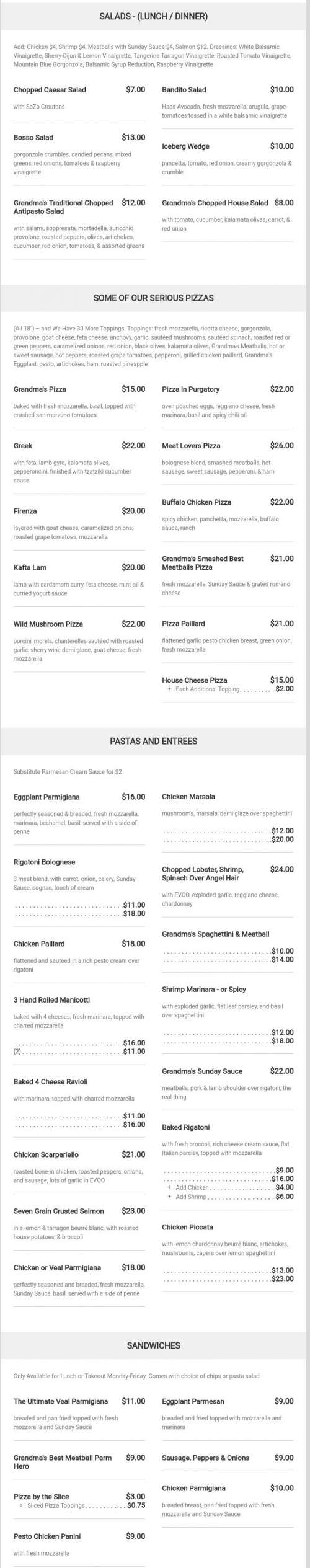 SaZa Serious Italian Food menu in Montgomery, Alabama, USA