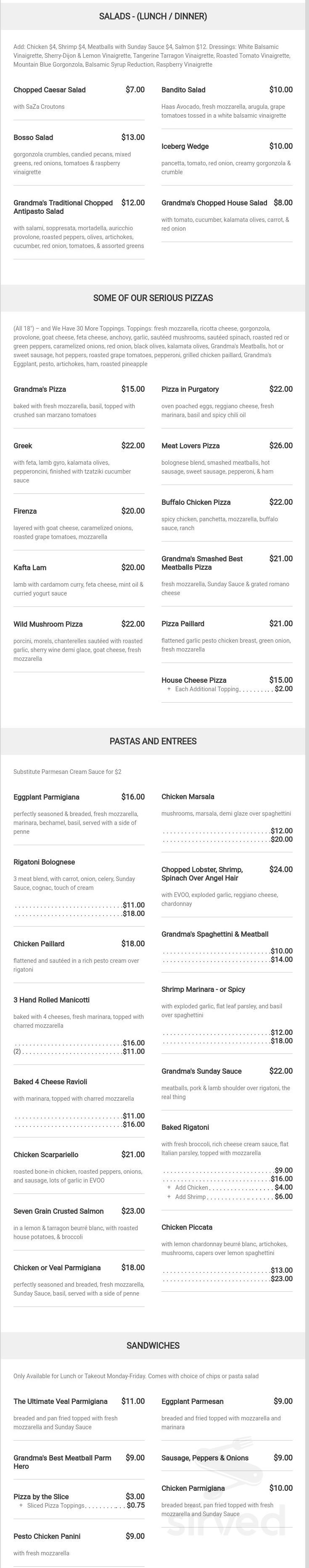 Menu for SaZa Serious Italian Food in Montgomery, AL | Sirved