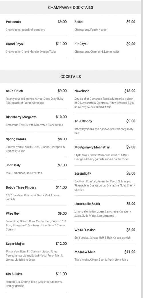 SaZa Serious Italian Food menu in Montgomery, Alabama, USA