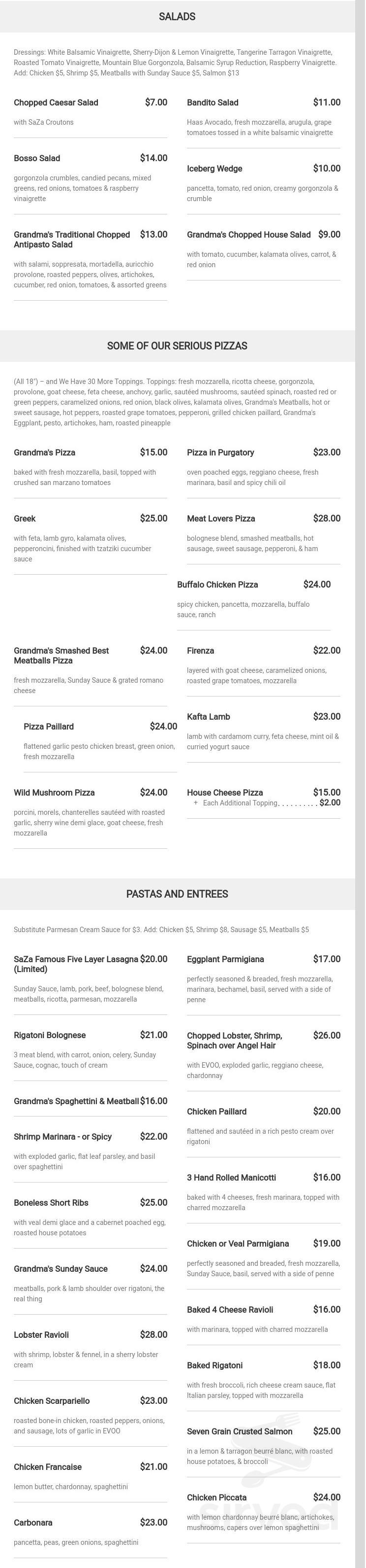 SaZa Serious Italian Food menu in Montgomery, Alabama, USA