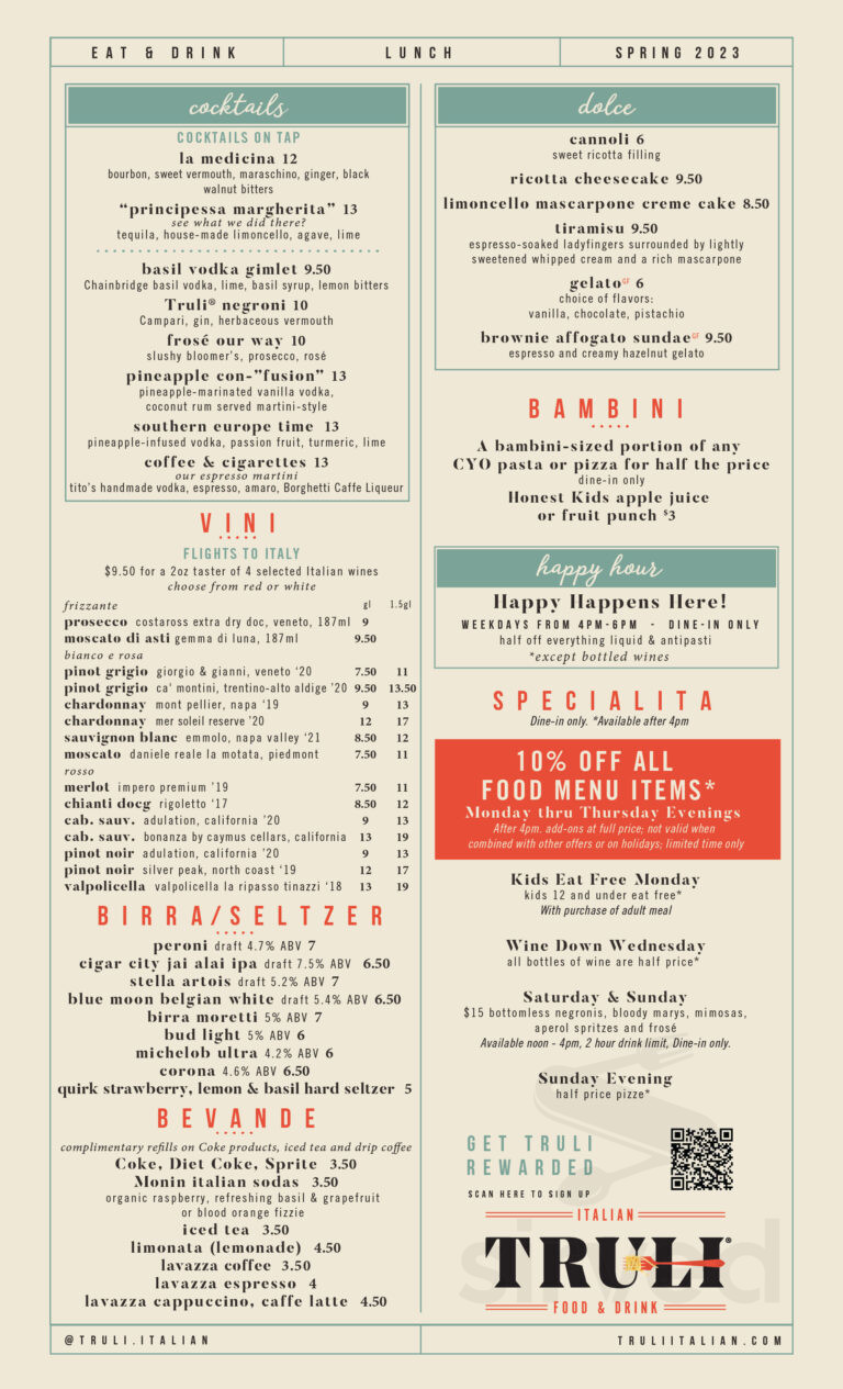 Menu for Truli Italian Food & Drink in Coconut Creek, FL | Sirved