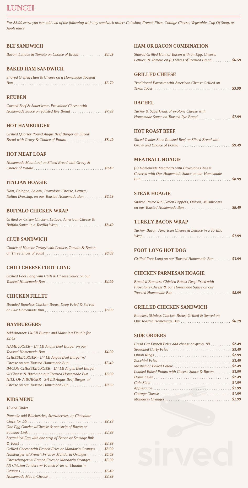 Hills Restaurant menu in New Eagle, Pennsylvania, USA