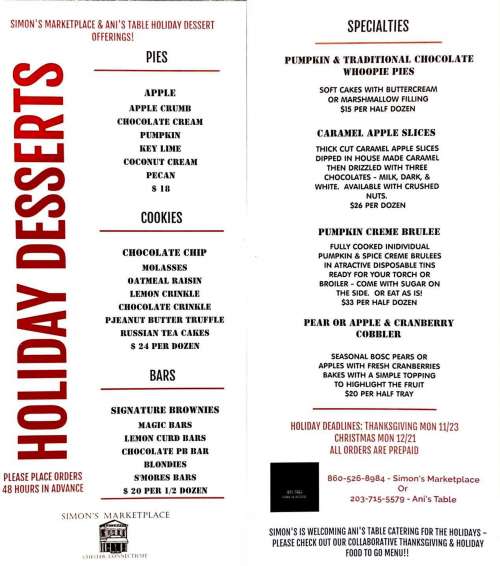 Simon's Marketplace menu in Chester, Connecticut, USA