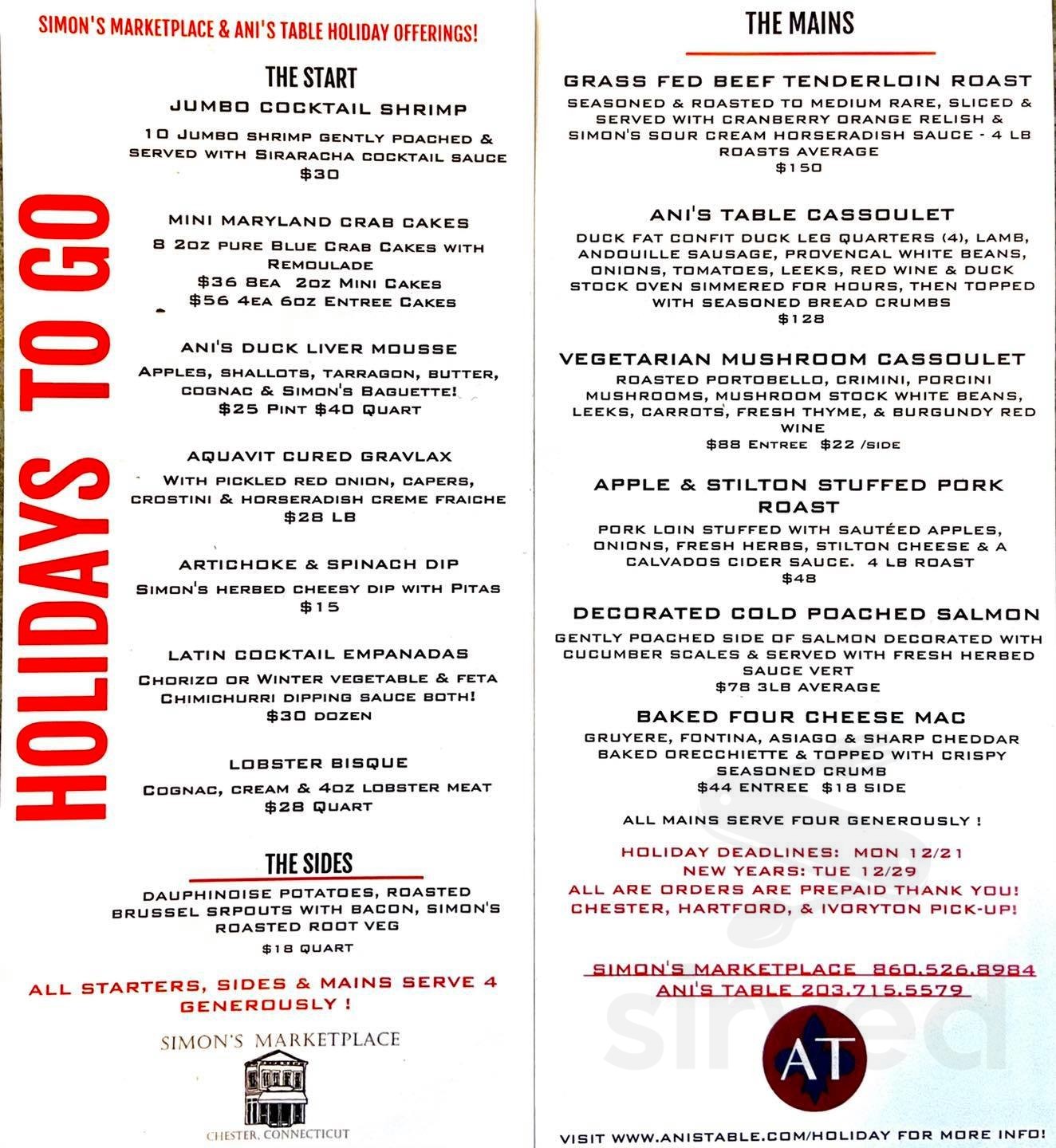 Simon's Marketplace menu in Chester, Connecticut, USA