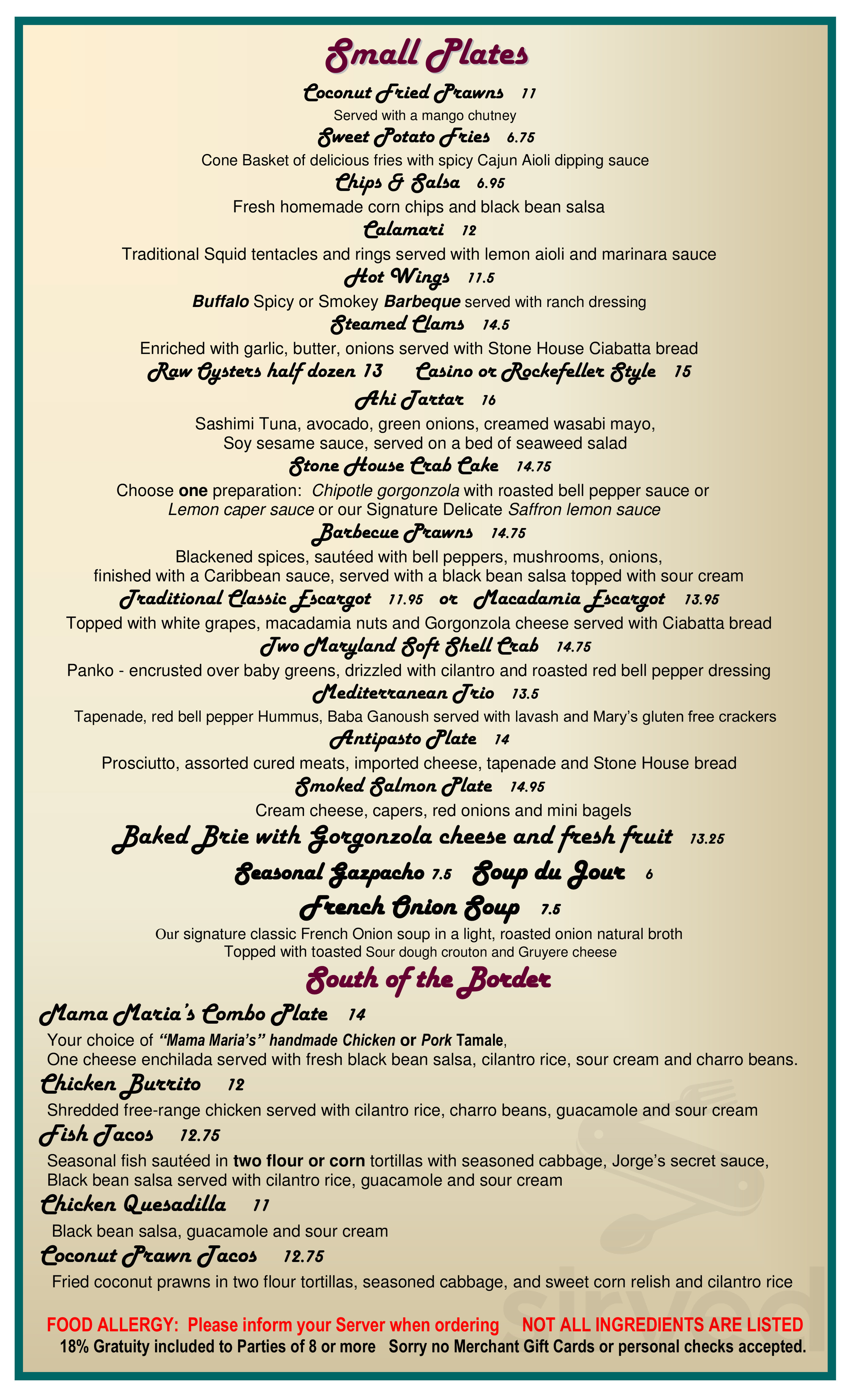 The Stone House Café Menu - Reno, Nevada | Sirved