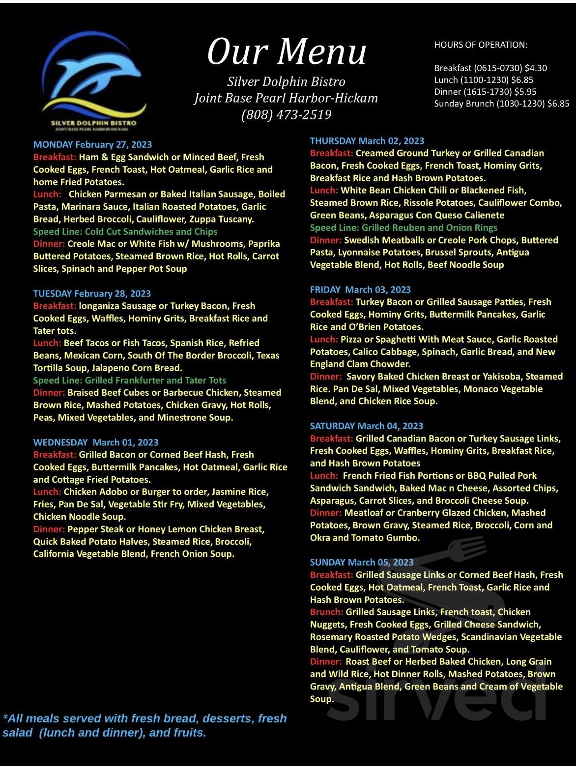 Menu for Silver Dolphin Bistro in Naval Station Pearl Harbor, HI | Sirved
