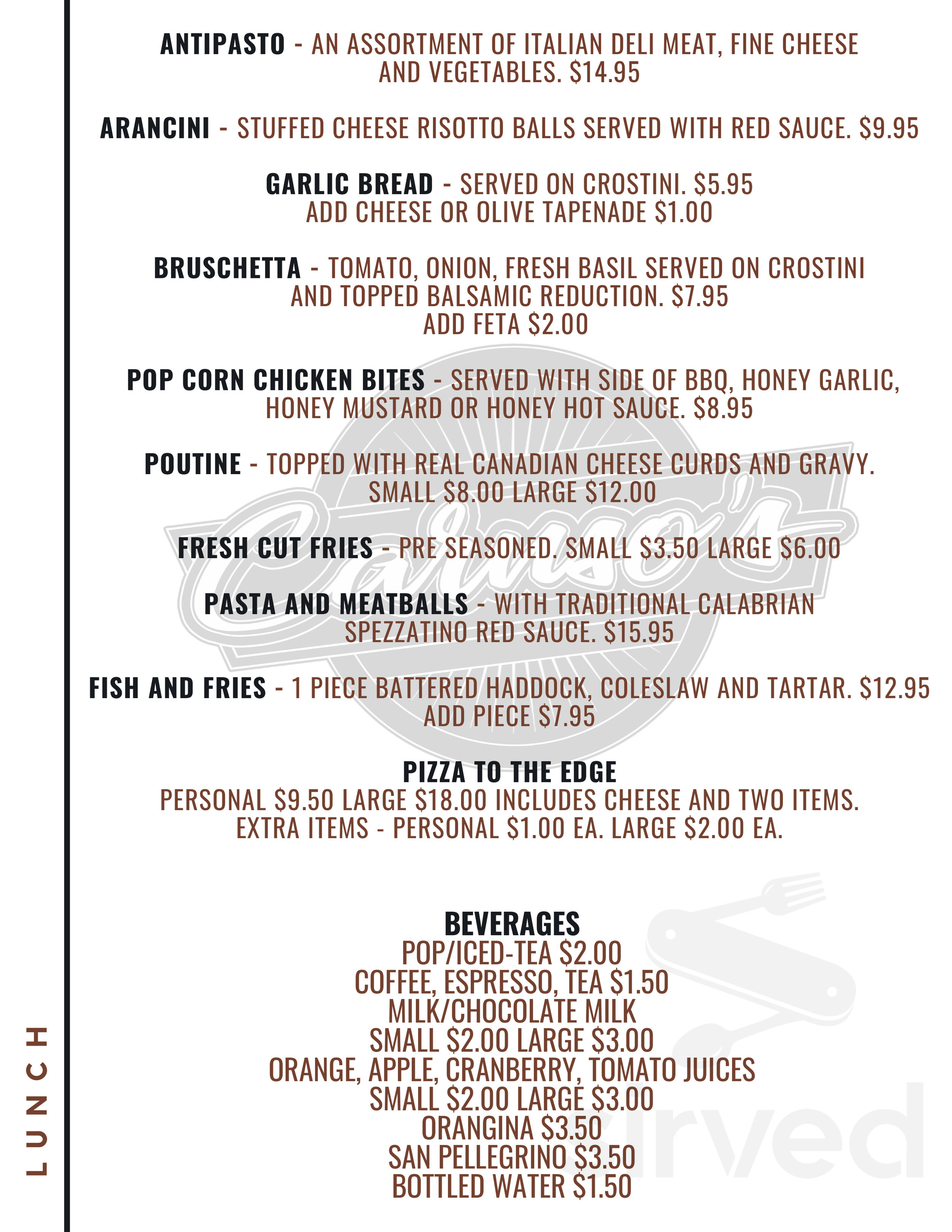 Caruso's Family Restaurant menus in Cayuga, Ontario, Canada