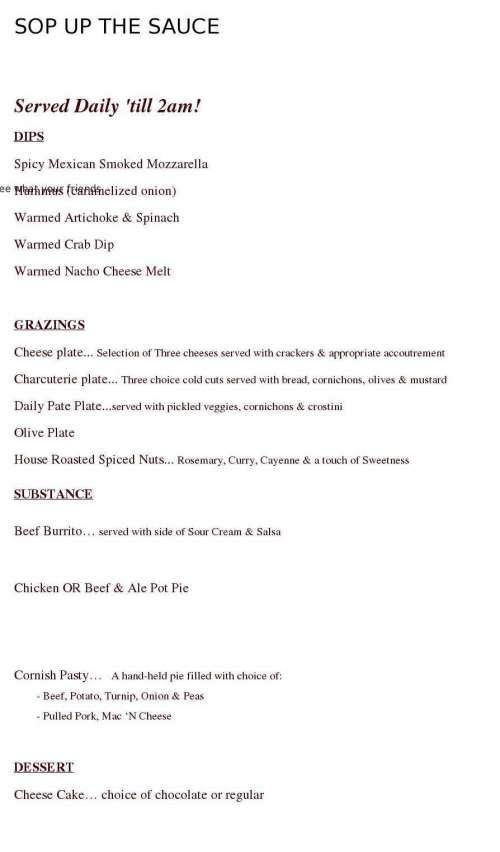 Sauce on Danforth menu in Toronto, Ontario, Canada