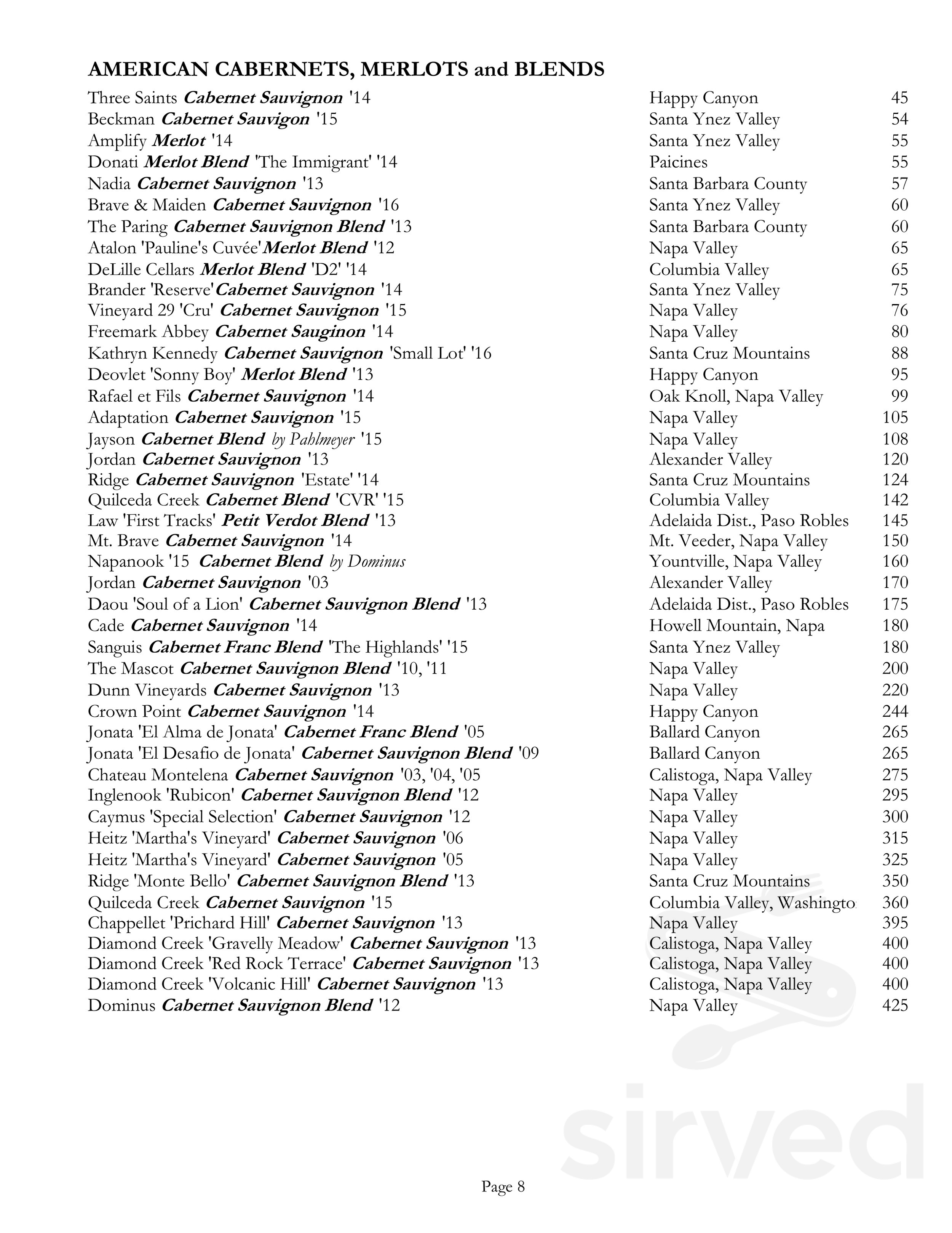 Intermezzo by Wine Cask menu in Santa Barbara, California, USA