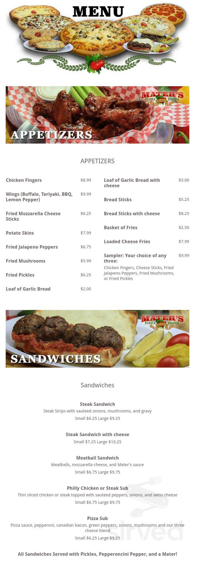 Mater's Pizza & Pasta Emporium menu in Albertville, Alabama, USA