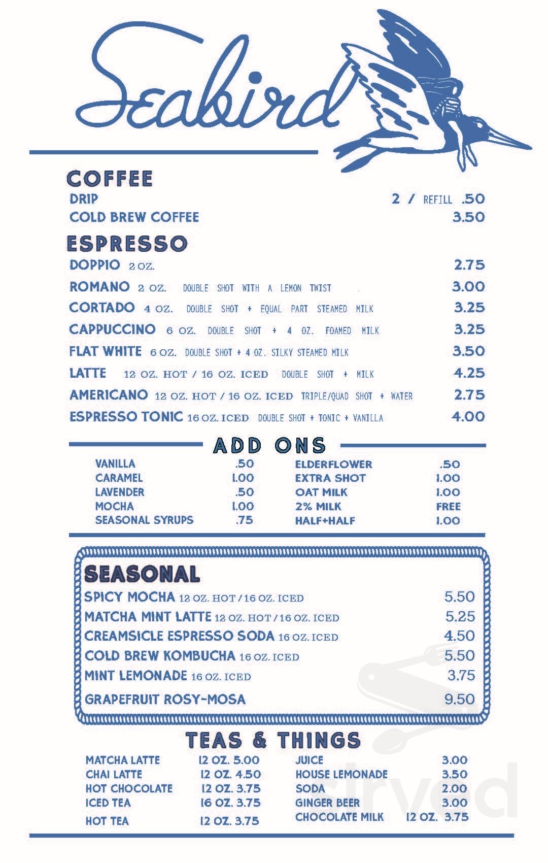 Seabird menu in Wilmington, North Carolina, USA