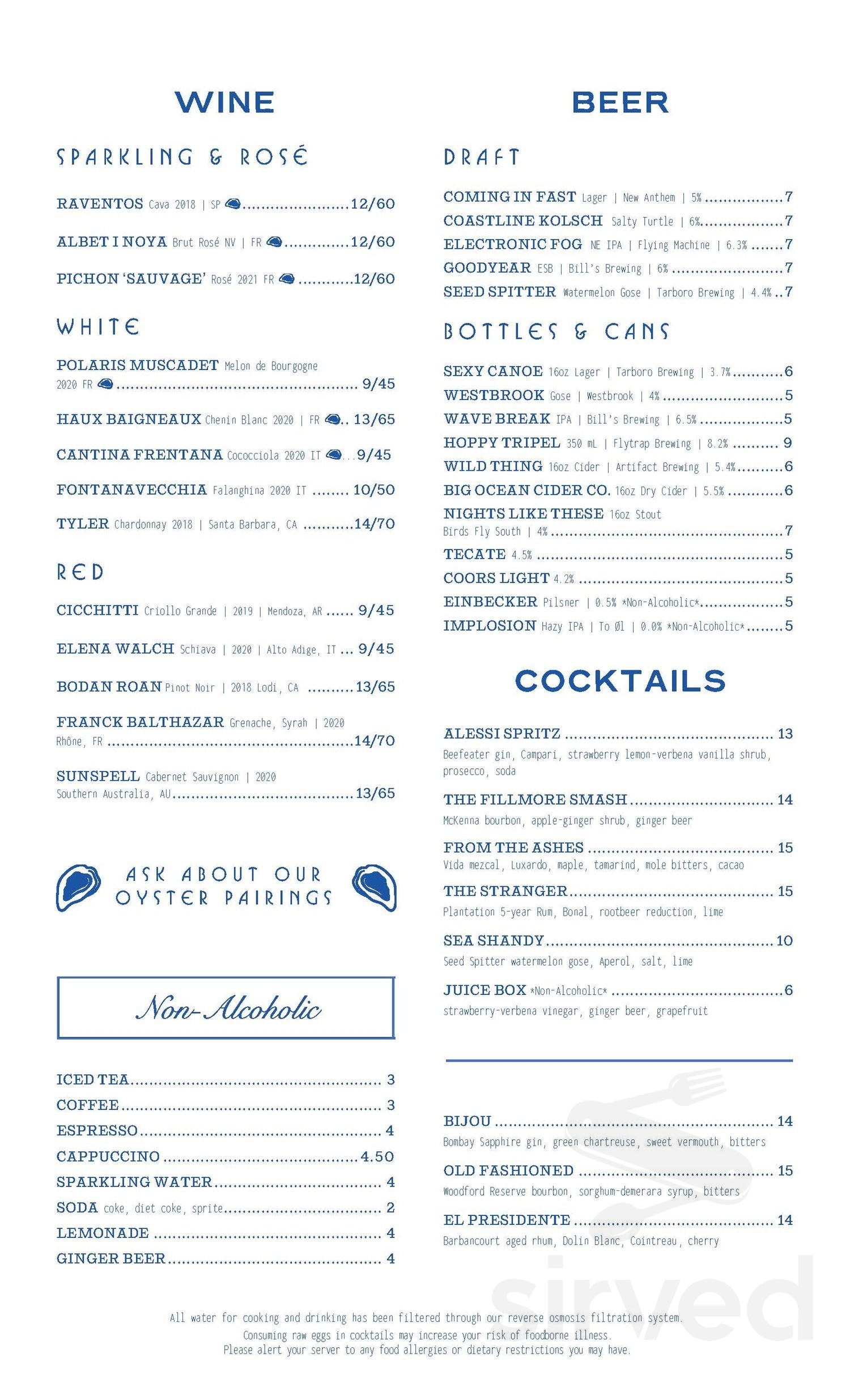 Seabird menu in Wilmington, North Carolina, USA