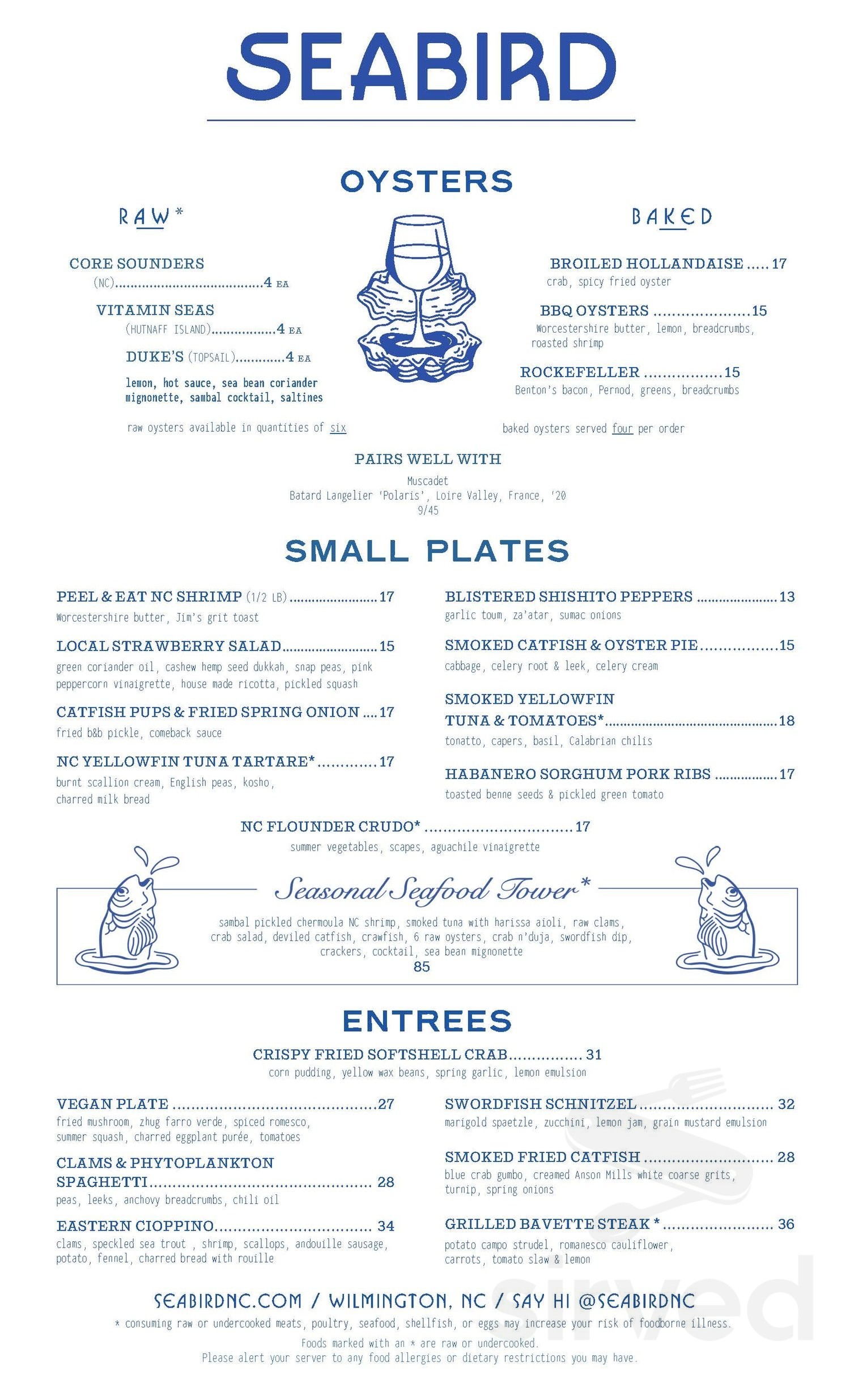 Seabird menu in Wilmington, North Carolina, USA