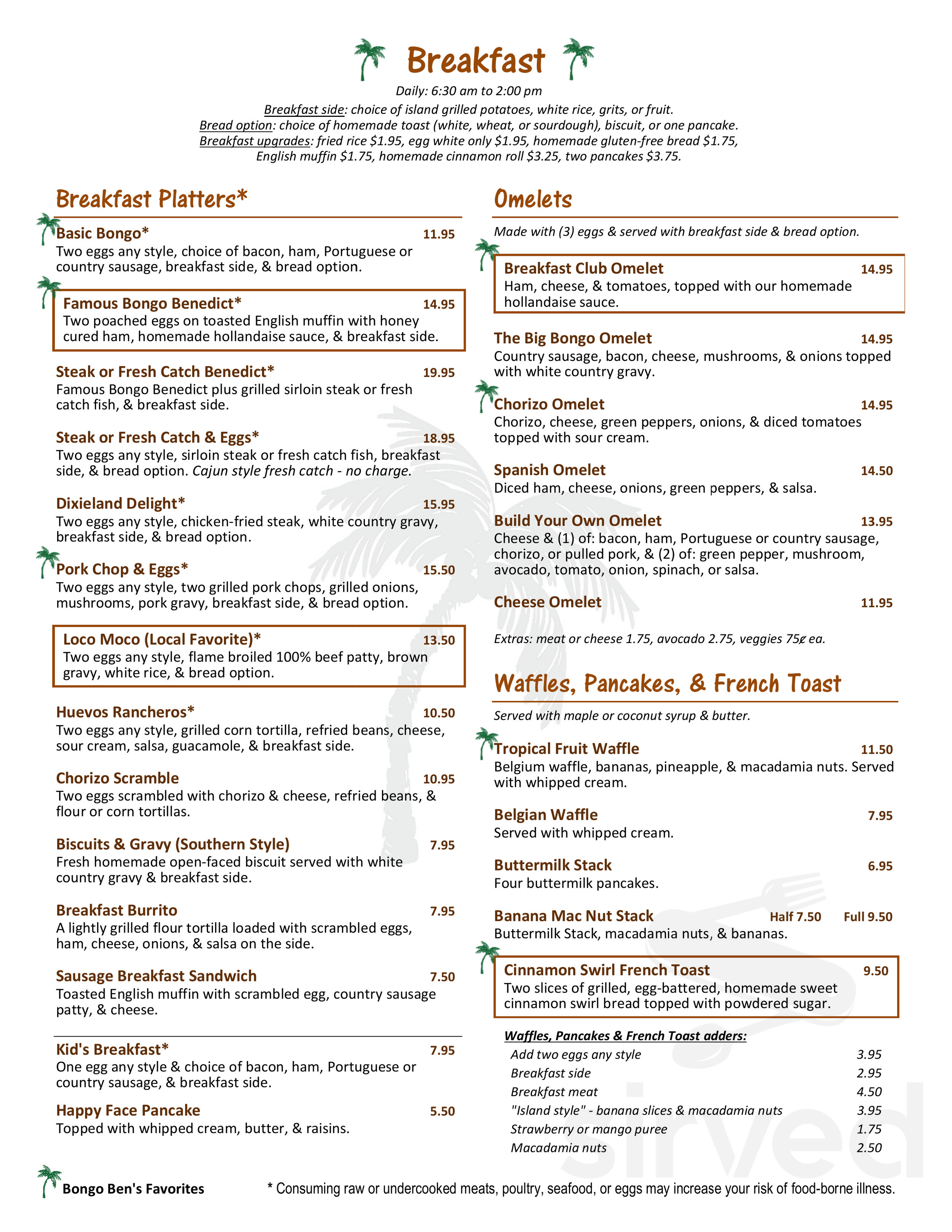 Bongo Ben's menu in Kailua-Kona, Hawaii, USA