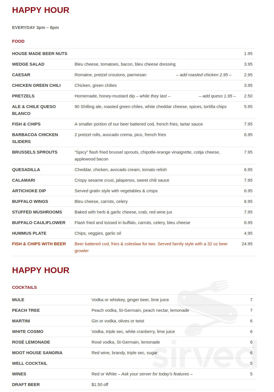 The Moot House menu in Fort Collins, Colorado, USA