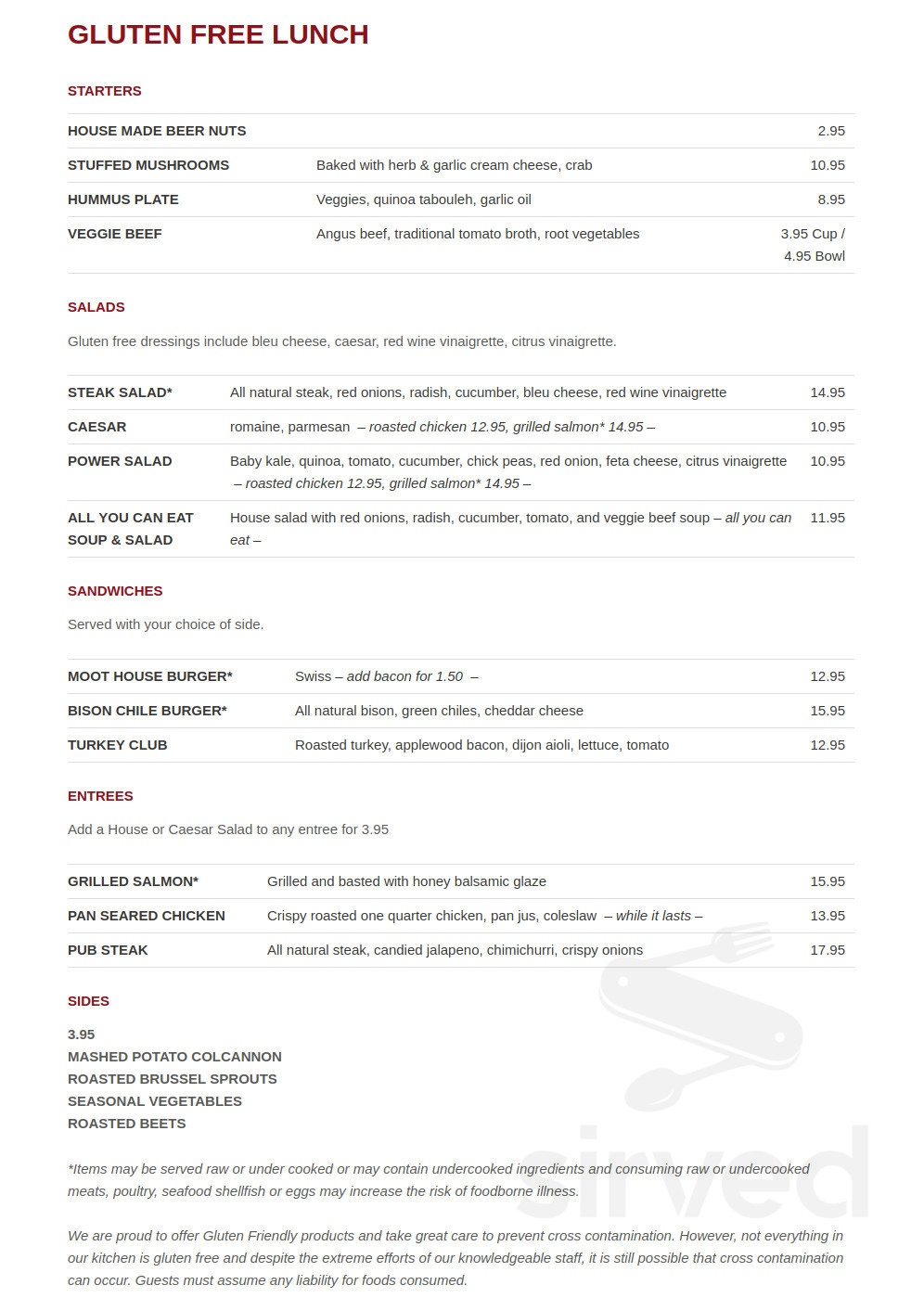 The Moot House menu in Fort Collins, Colorado, USA