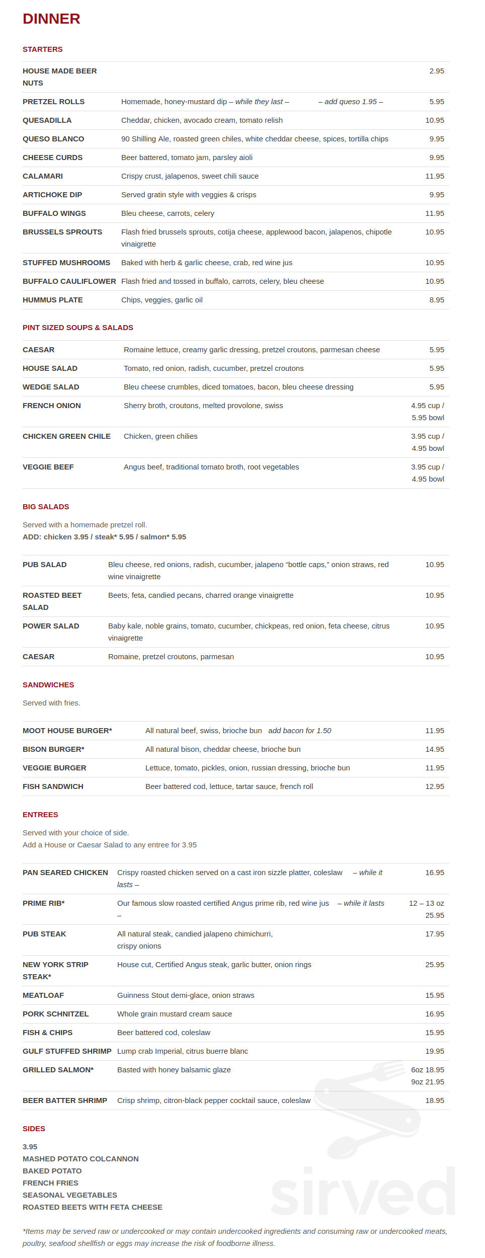 The Moot House menu in Fort Collins, Colorado, USA