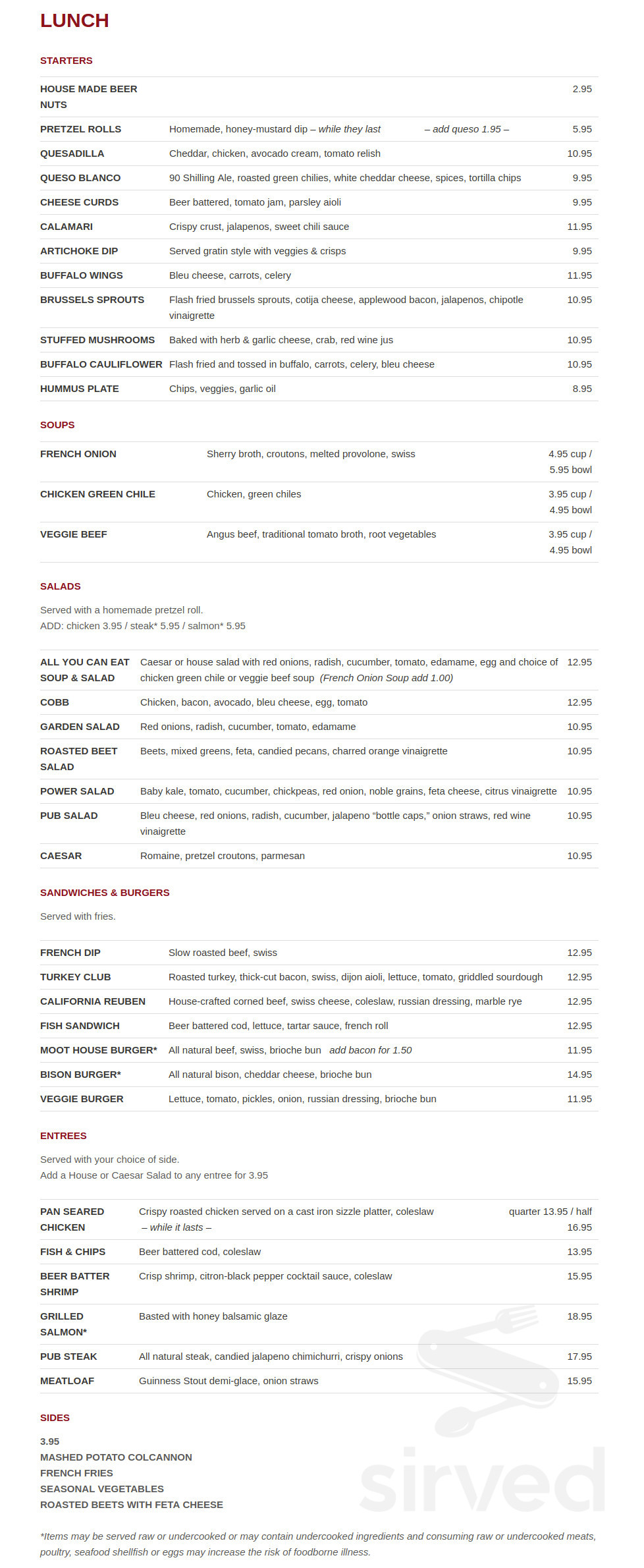 The Moot House menu in Fort Collins, Colorado, USA