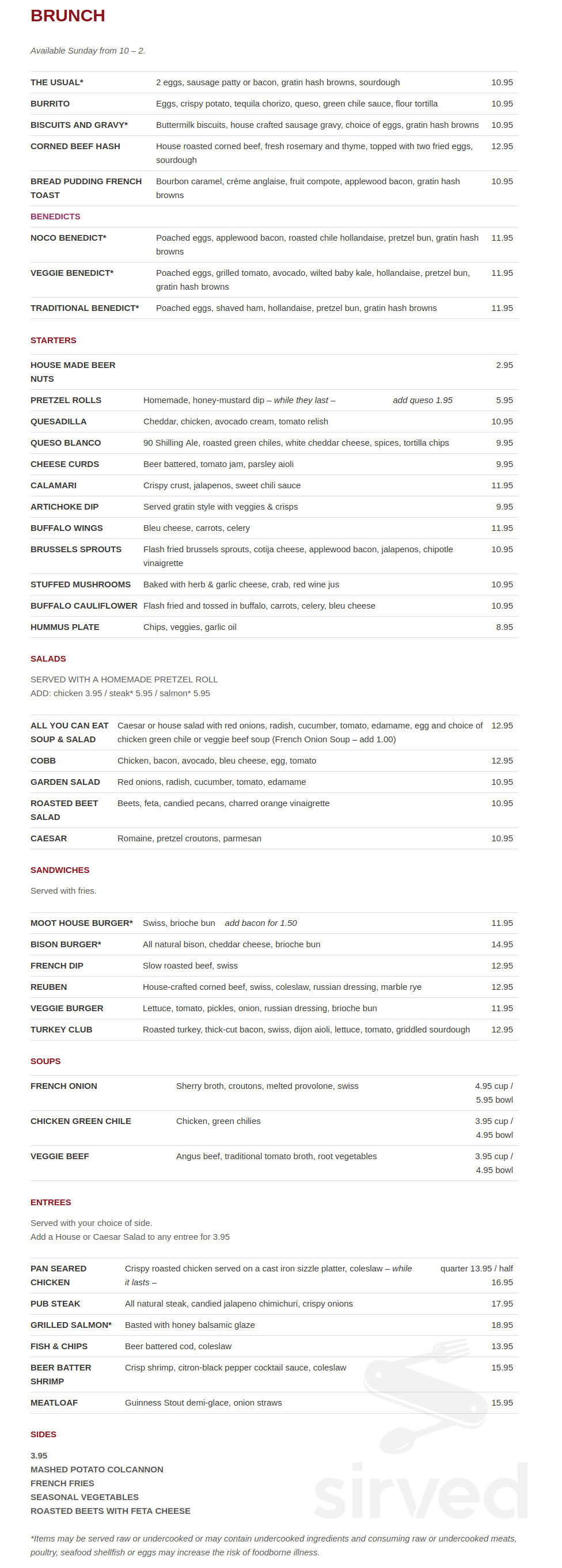 The Moot House menu in Fort Collins, Colorado, USA