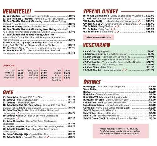 PHO XL menu in Mississauga, Ontario, Canada