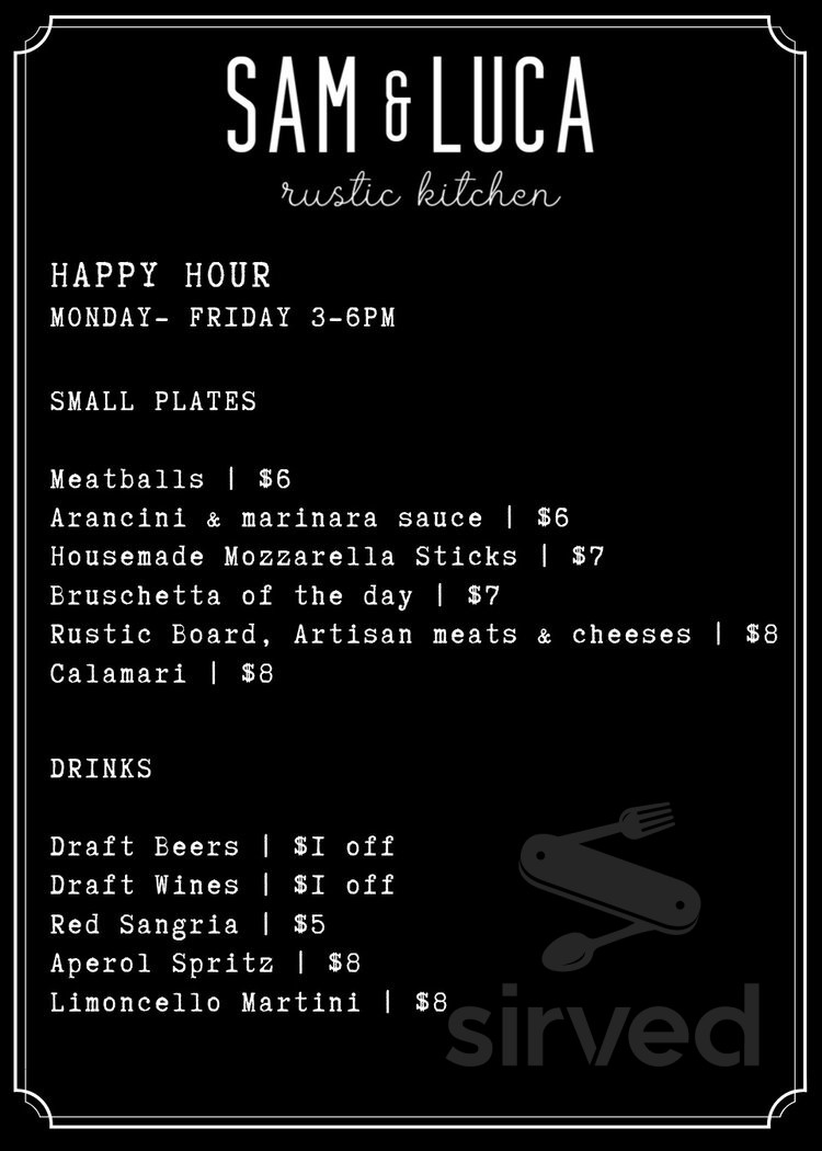 Sam and Luca Rustic Kitchen menu in Mesa, Arizona, USA