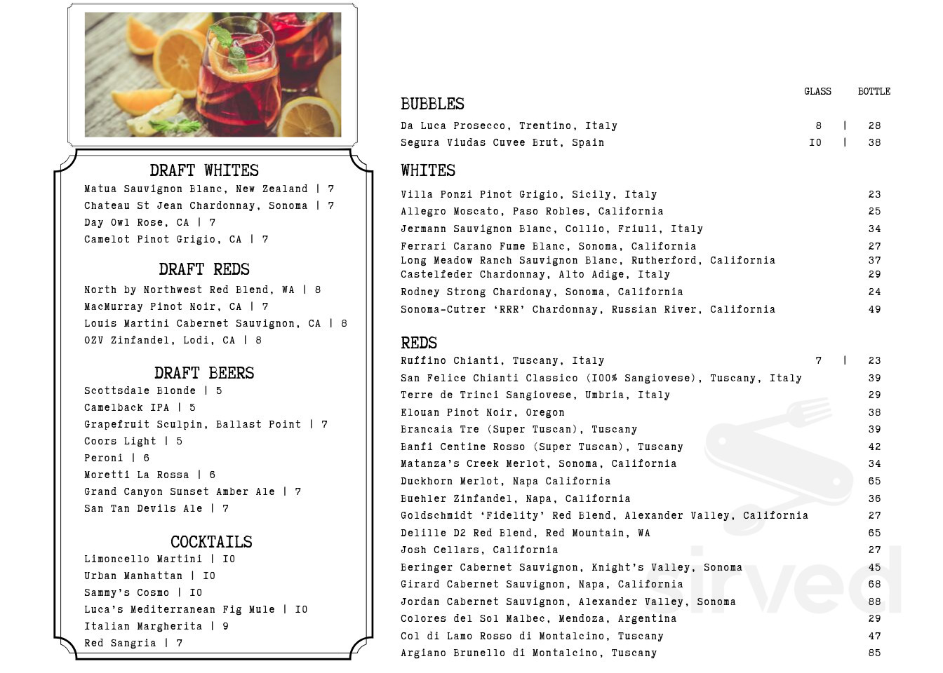 Sam and Luca Rustic Kitchen menu in Mesa, Arizona, USA