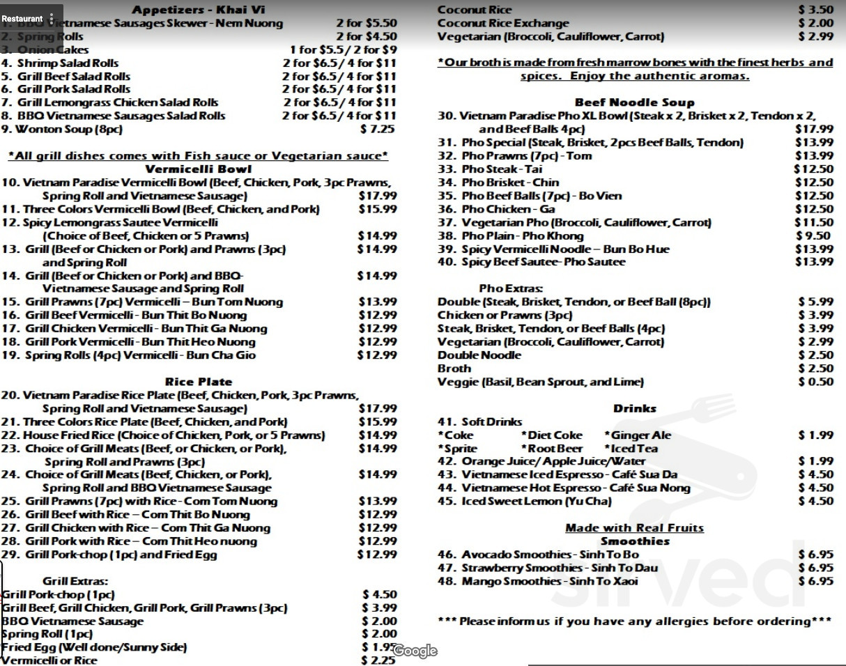 Menu for Vietnam Paradise Restaurant in Leduc, AB | Sirved