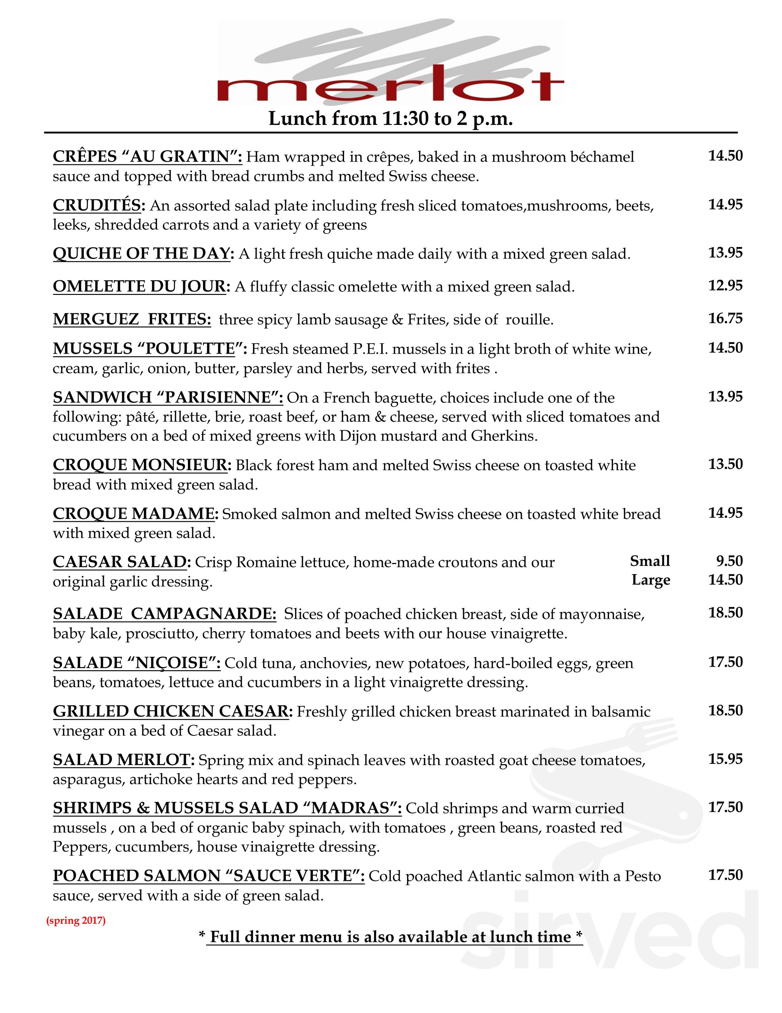 Merlot Restaurant menu in Etobicoke, Ontario, Canada